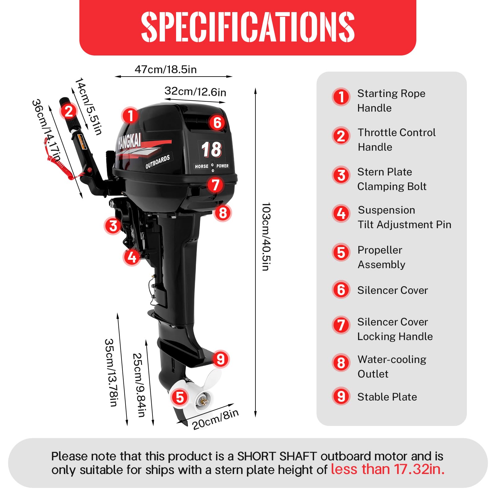 18HP Outboard Motors 2 Stroke Water-Cooled Short Shaft Outboard Boat Motor,246CC Heavy Duty Boat Motor Fishing Boat Kayak Engine with CDI Air Cooling System