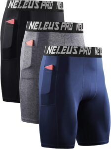 neleus men's 3 pack compression shorts with pockets dry fit yoga running shorts,6063,black/grey/navy blue,s