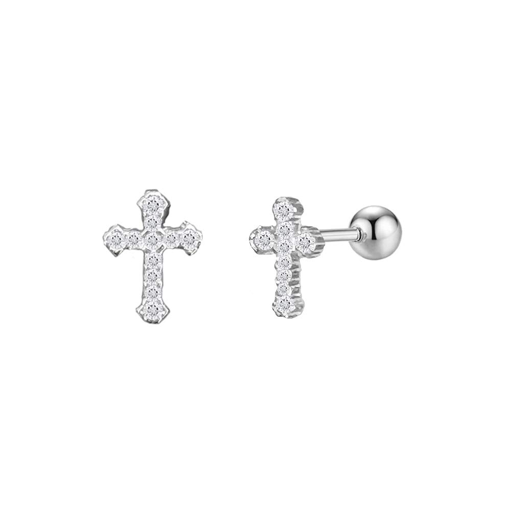 CZ Cross 20g Barbell Ball Stud Sterling Silver Earrings for Women Girls Cubic Zirconia Tiny Small Studs Cartilage Tragus 4mm Bead Screw Back Hypoallergenic Thin Faux Piercing Body (Silver) 1