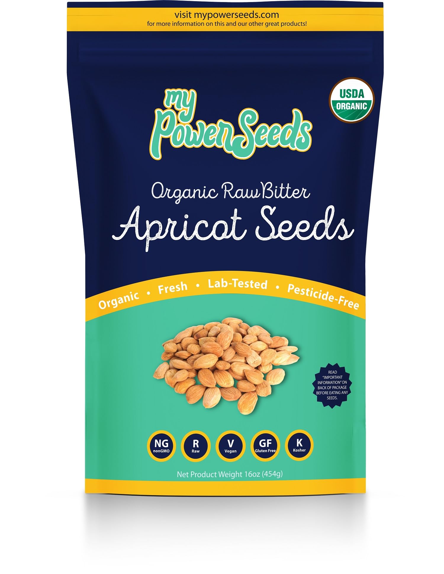 My Power Seeds Organic Raw Bitter Apricot Seeds I Non-GMO, Vegan, Gluten Free, Raw, and Source of Vitamins & Minerals I Rich in Vitamin E, Omega 3, and More! I (Apricot Seeds, 1LB Bag)