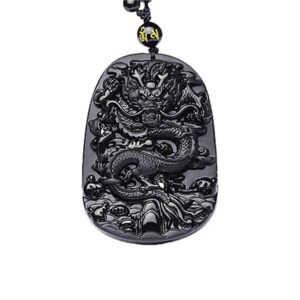 kiomoy natural obsidian brave pendant, safe clasp, dragon and phoenix necklace, carved stone chinese dragon stele, unicorn kylin pendant (dragon)