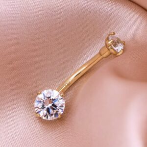 OUFER 14G Solid Gold Belly Button Rings Clear CZ Navel Ring Belly Button Piercing Navel Jewelry 14K Yellow/White Gold Belly Rings