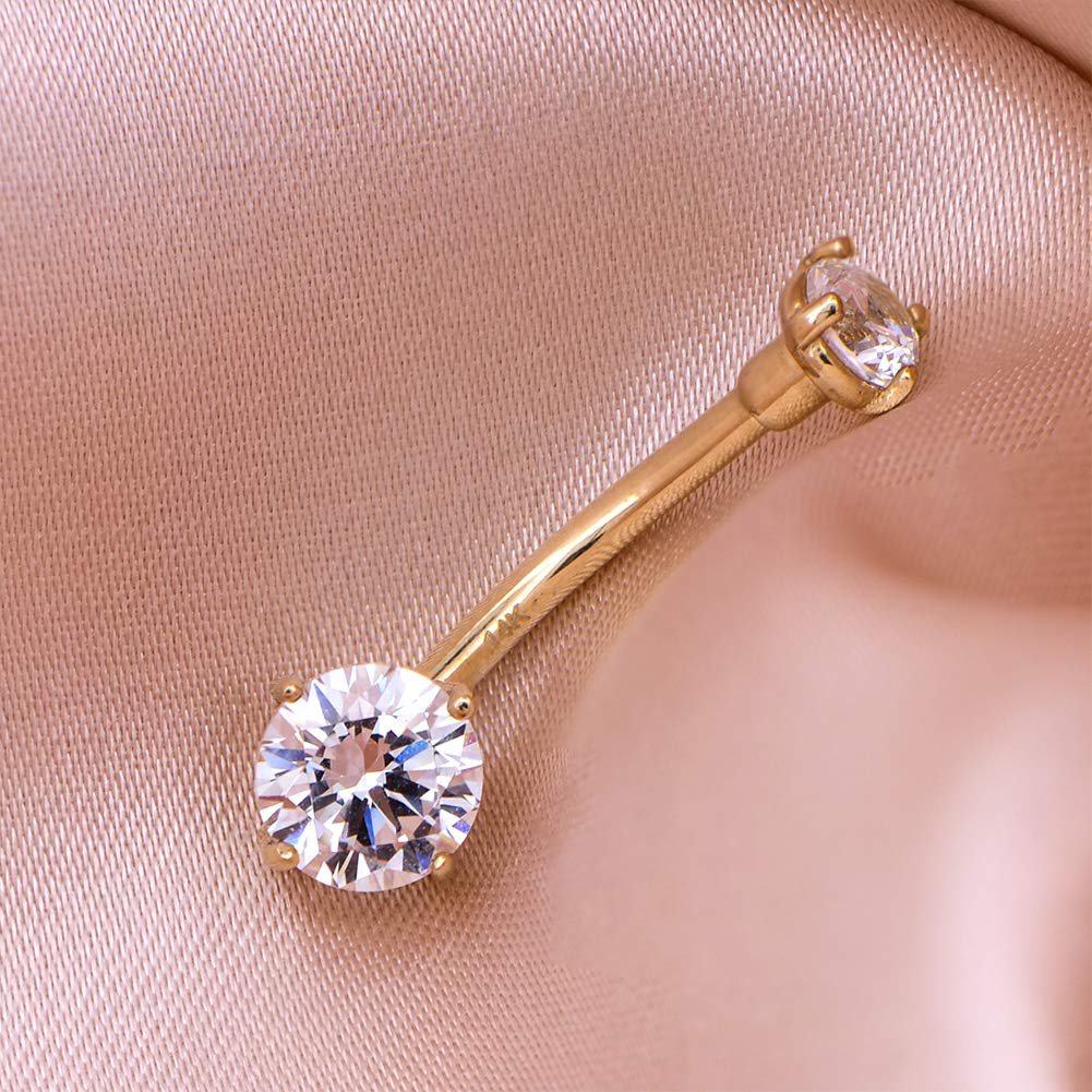 OUFER 14G Solid Gold Belly Button Rings Clear CZ Navel Ring Belly Button Piercing Navel Jewelry 14K Yellow/White Gold Belly Rings