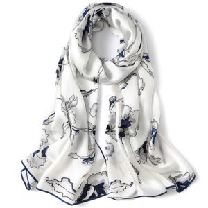 MEISEE 100% Mulberry Silk Long Scarf for Women Large Oblong Sunscreen Shawls Wraps Neck Headscarf Hair Wraps with Gift Packed (White+blue-black)