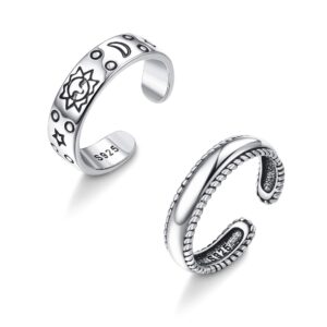 milacolato 2pcs sterling silver toe rings for women 18k white gold plated adjustable toe rings vintage sun moon and star band toe rings summer beach foot jewelry