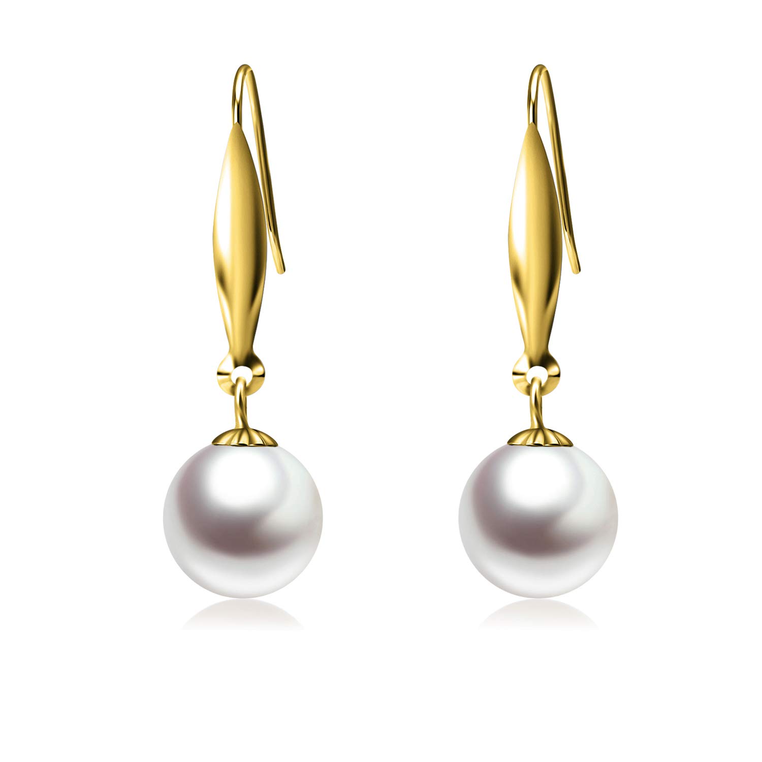 18k Yellow Gold Dangle Earrings for Women, Cultured Freshwater Pearl Drop Earring, 9mm (yellow-gold)