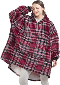 degrees of comfort original sherpa wearable blanket hoodie, oversized hooded sweatshirt blankets, one big size fits all, 38x32 red plaid