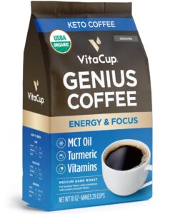 vitacup organic genius ground keto coffee, increase energy & focus w/mct oil, turmeric, b vitamins, d3, usda organic ground coffee medium dark roast, bold & smooth, 100% arabica coffee grounds, 10 oz