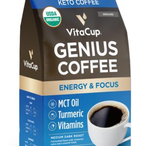 VitaCup Organic Genius Ground Keto Coffee, Increase Energy & Focus w/MCT Oil, Turmeric, B Vitamins, D3, USDA Organic Ground Coffee Medium Dark Roast, Bold & Smooth, 100% Arabica Coffee Grounds, 10 oz