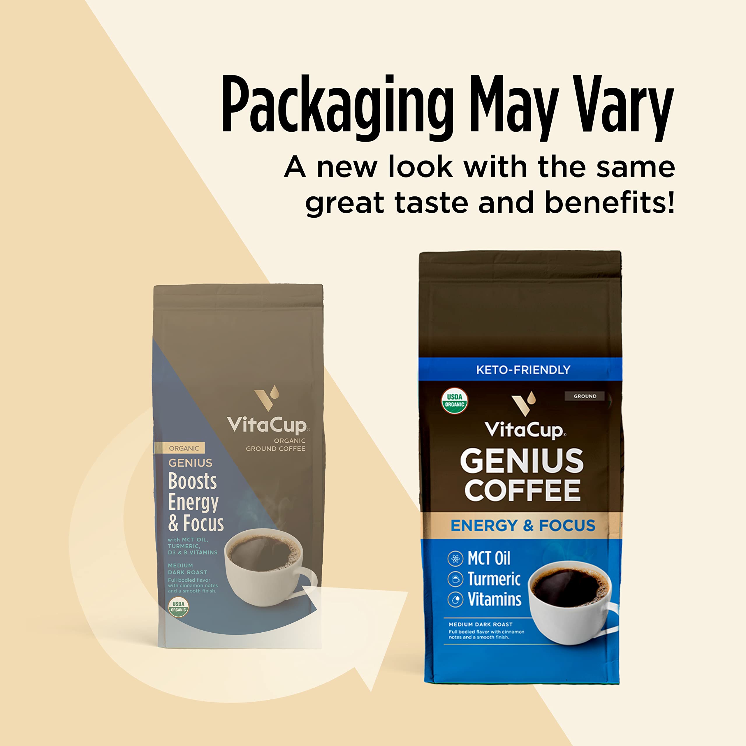 VitaCup Organic Genius Ground Keto Coffee, Increase Energy & Focus w/MCT Oil, Turmeric, B Vitamins, D3, USDA Organic Ground Coffee Medium Dark Roast, Bold & Smooth, 100% Arabica Coffee Grounds, 10 oz