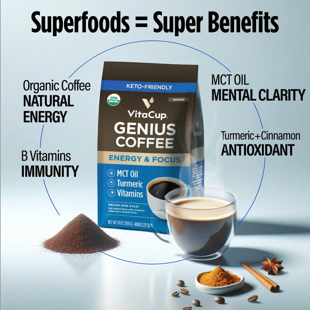 VitaCup Organic Genius Ground Keto Coffee, Increase Energy & Focus w/MCT Oil, Turmeric, B Vitamins, D3, USDA Organic Ground Coffee Medium Dark Roast, Bold & Smooth, 100% Arabica Coffee Grounds, 10 oz