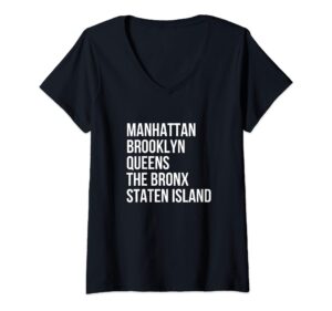 womens manhattan, brooklyn, new york city five boroughs nyc v-neck t-shirt