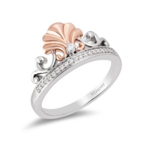 jewelili enchanted disney fine jewelry sterling silver and 10k rose gold 1/10 cttw diamond ariel shell tiara ring size 6