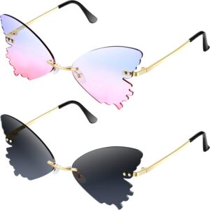 weewooday 2 pairs butterfly sunglasses butterfly rimless sunglasses butterfly glasses eyewear for women men (grey, pink and blue)