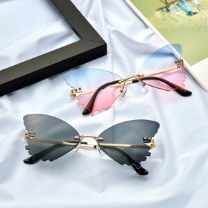 Weewooday 2 Pairs Butterfly Sunglasses Butterfly Rimless Sunglasses Butterfly Glasses Eyewear for Women Men (Grey, Pink and Blue)