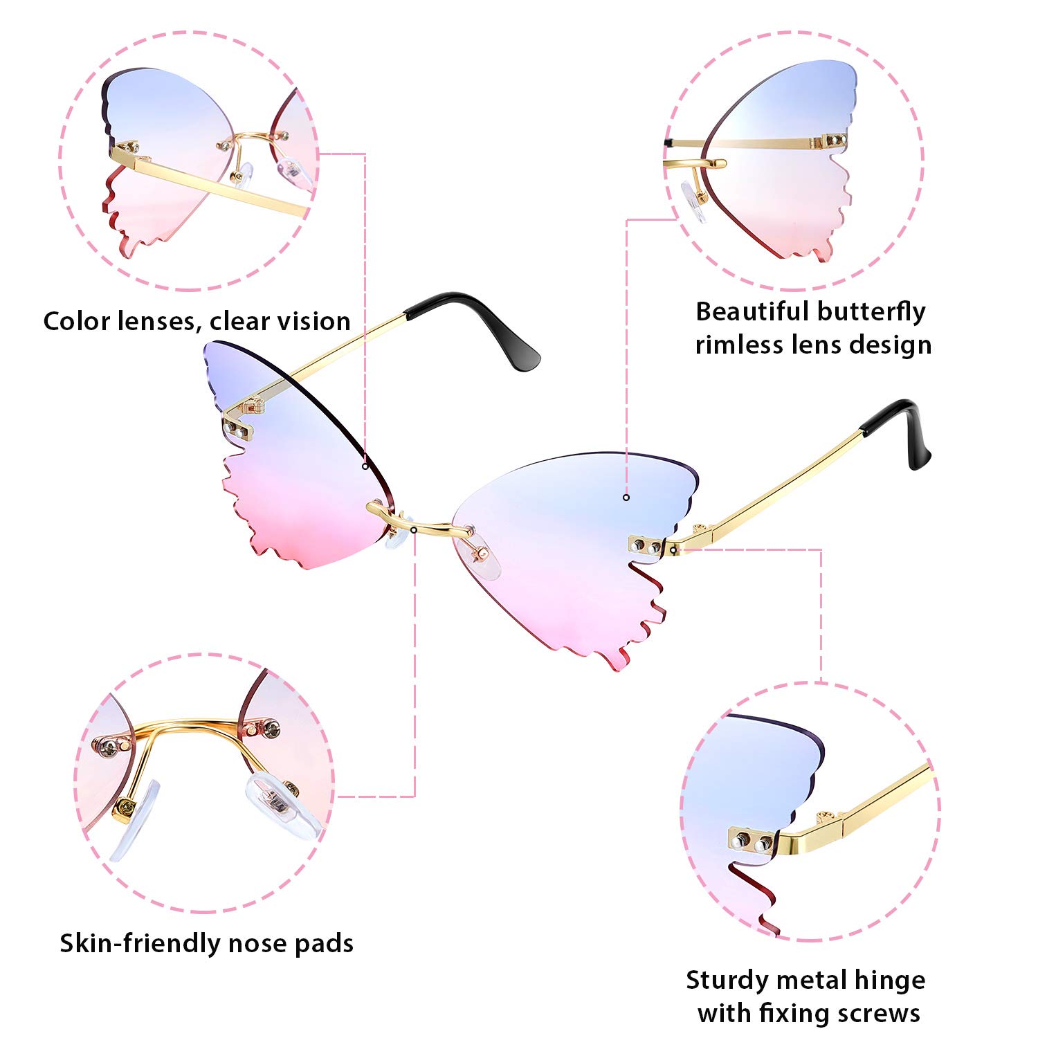 Weewooday 2 Pairs Butterfly Sunglasses Butterfly Rimless Sunglasses Butterfly Glasses Eyewear for Women Men (Grey, Pink and Blue)