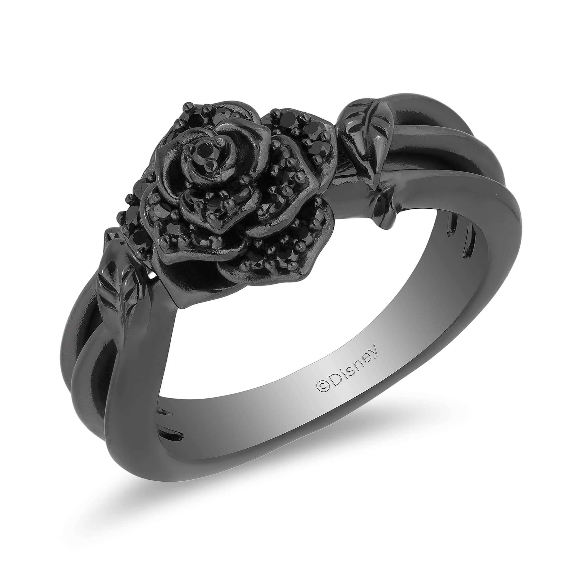 Jewelili Enchanted Disney Fine Jewelry Sterling Silver with Black Rhodium 1/5 Cttw Treated Black Round Diamonds Maleficent Rose Ring Size 8