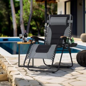 MFSTUDIO Zero Gravity Chairs, Oversized Patio Recliner Chair, Padded Folding Lawn Chair with Cup Holder Tray, Support 400lbs, Grey