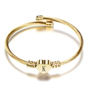 vqysko rose golden heart initials bracelet-a-z stainless steel engraved charm bracelet, woman jewelry birthday festival gift(golden k)