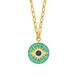 obidos 14k gold plated evil eye turquoise pendant necklace for women 18-20inch,round circle disk minimalist jewelry