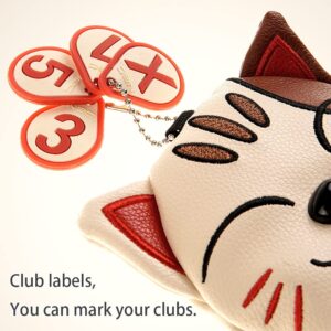 GOOACTION Lucky Cat Golf Club Hybrid Head Cover with Creative Cartoon Animal Kitten Pattern Synthetic Leather Golf Clubs Headcover with Number Tag 3.5.7.x