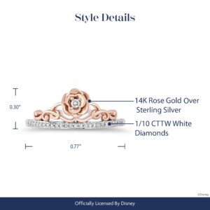 Jewelili Enchanted Disney Fine Jewelry 14K Rose Gold over Sterling Silver with 1/10 Cttw Diamond Belle Rose Ring, Size 6