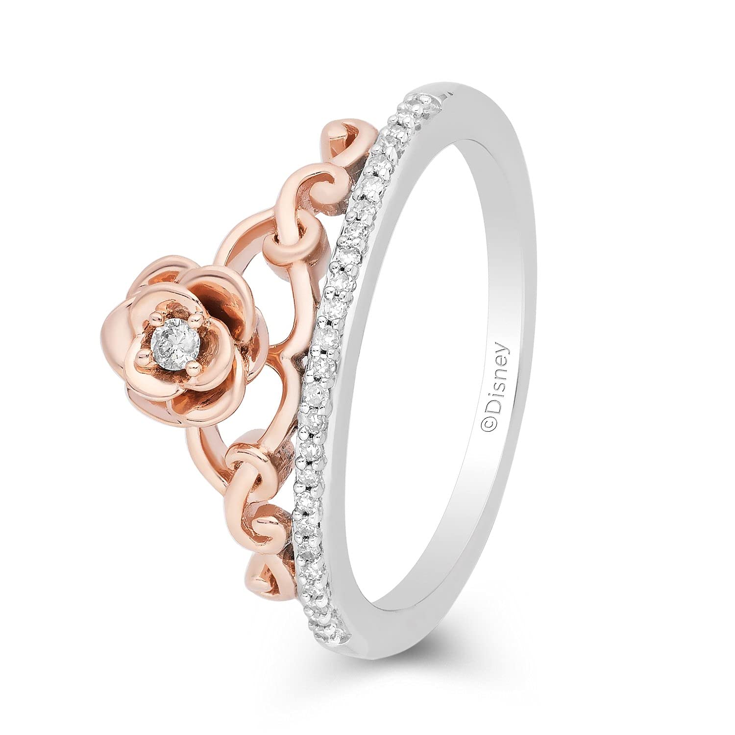 Jewelili Enchanted Disney Fine Jewelry 14K Rose Gold over Sterling Silver with 1/10 Cttw Diamond Belle Rose Ring, Size 6