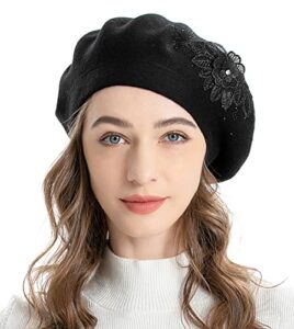 zlyc womens french beret hat, reversible solid color cashmere mosaic warm beret cap for girls (flower black)