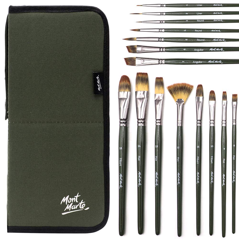 Mont Marte Signature Brush Set with Wallet, 17 Piece, Suitable for Oil, Acrylic, Watercolor and Gouache Paint, Easel Wallet Included