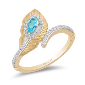 jewelili enchanted disney fine jewelry 10k yellow gold 1/6 cttw diamond and swiss blue topaz jasmine peacock feather ring size 8