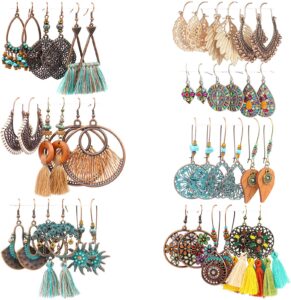 21 pairs boho drop dangle earrings for women girls colorful tassel hoop vintage statement lightweight bohemian national teardrop hollow leaf wooden beaded hippie jewelry cute earrings set