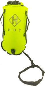 hut swim buoy dry bag - premium tow float and watertight dry bag for open water swimmers, triathletes. high visibility safety swim buoy, two air chambers - be seen be safe (20l)