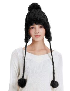 zecmos winter skull beanie hat women faux fur knit warm soft ski cap fleece ear flaps black