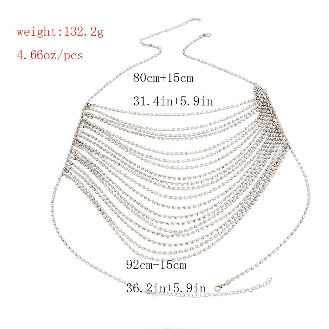 Bikini Silver Body Chain Sexy Bra Body Jewelry Rhinestone Bikini Rave Nightclub Belly Chain for Women and Girls (G)