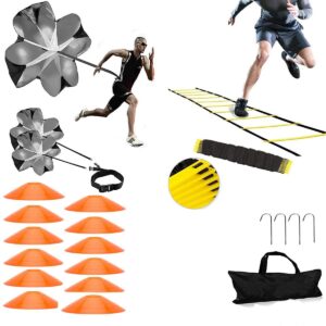 20ft agility ladder agility training equipment, speed ladder, football ladder, training ladder, soccer ladder workout, football training kit, with 12 speed training cones and resistance parachute