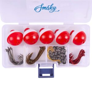 smaky fishing tackle kit beginners equipment 80 pcs-includes fishing hooks bobbers circle octopus hooks sinkers| starter kit for artificial and live baits (80-pcs)