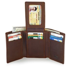 Stealth Mode Trifold Leather Wallet for Men with ID Holder and RFID Blocking (Brown)