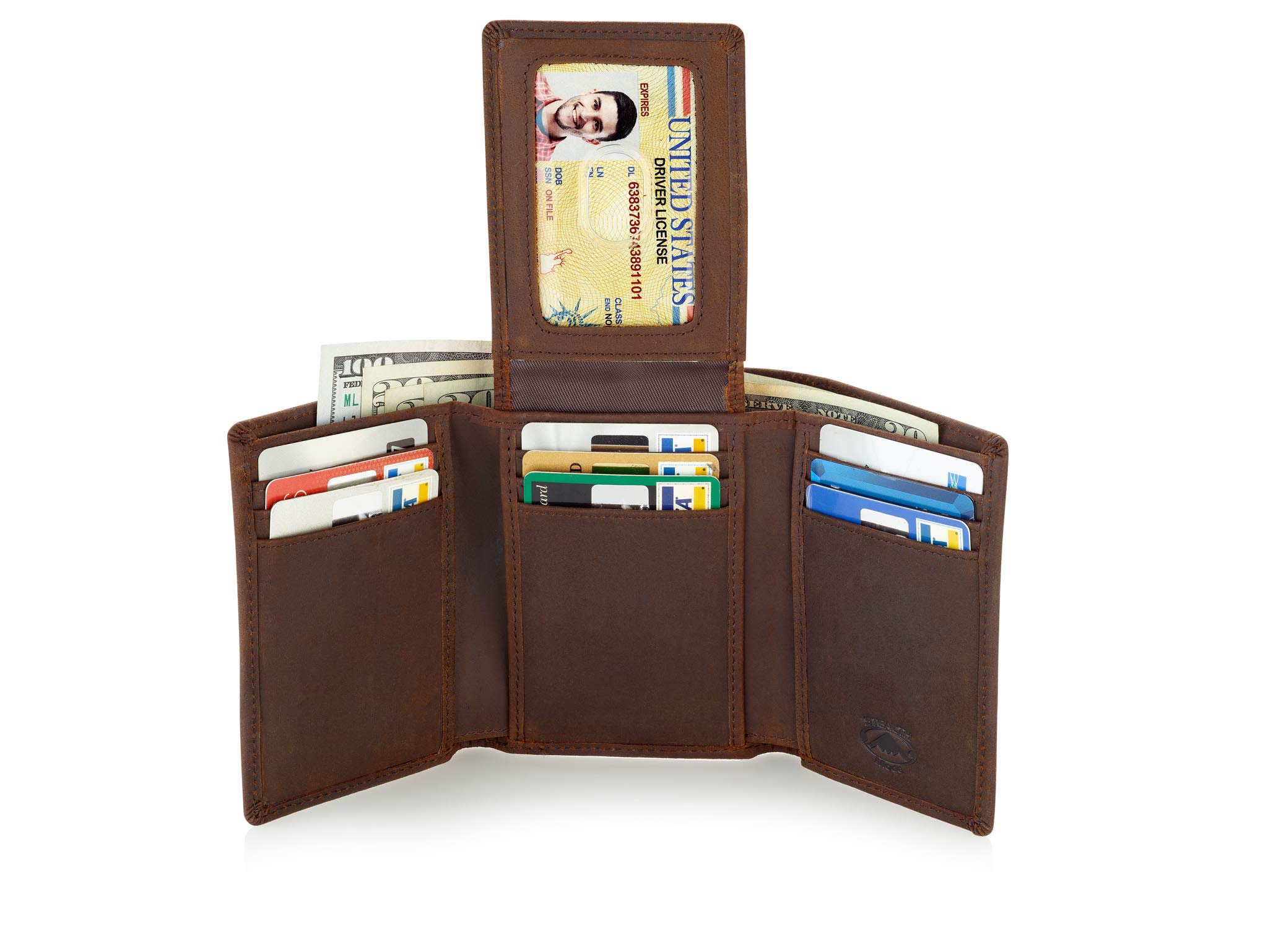 Stealth Mode Trifold Leather Wallet for Men with ID Holder and RFID Blocking (Brown)