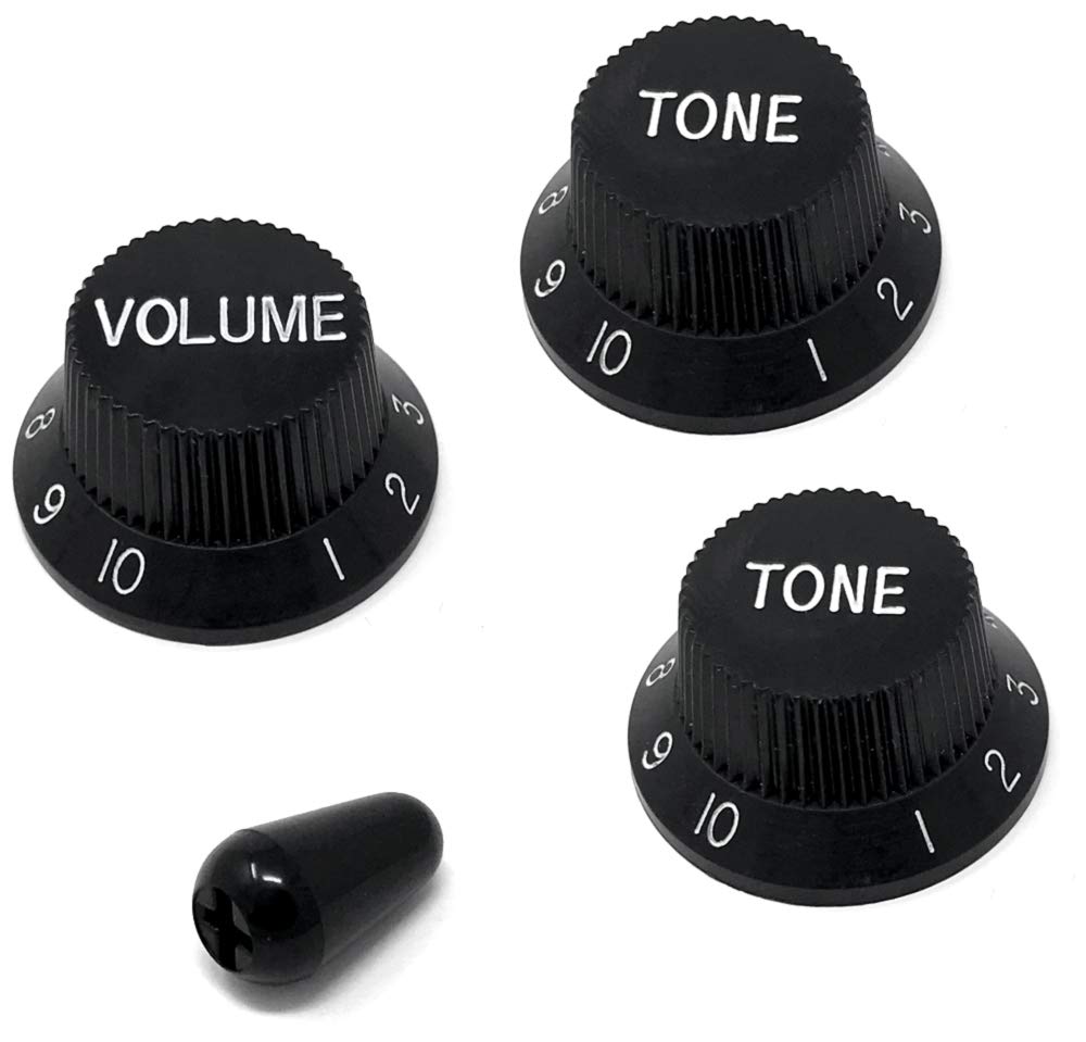 Vintage Forge Black Guitar Control Knobs (1 Volume, 2 Tone, 1 Switch Tip) for Fender Strat Style Electric Guitars Fits USA (Imperial) Split Shaft Pots STKUS-BLK