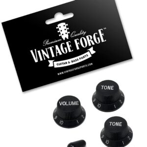 Vintage Forge Black Guitar Control Knobs (1 Volume, 2 Tone, 1 Switch Tip) for Fender Strat Style Electric Guitars Fits USA (Imperial) Split Shaft Pots STKUS-BLK