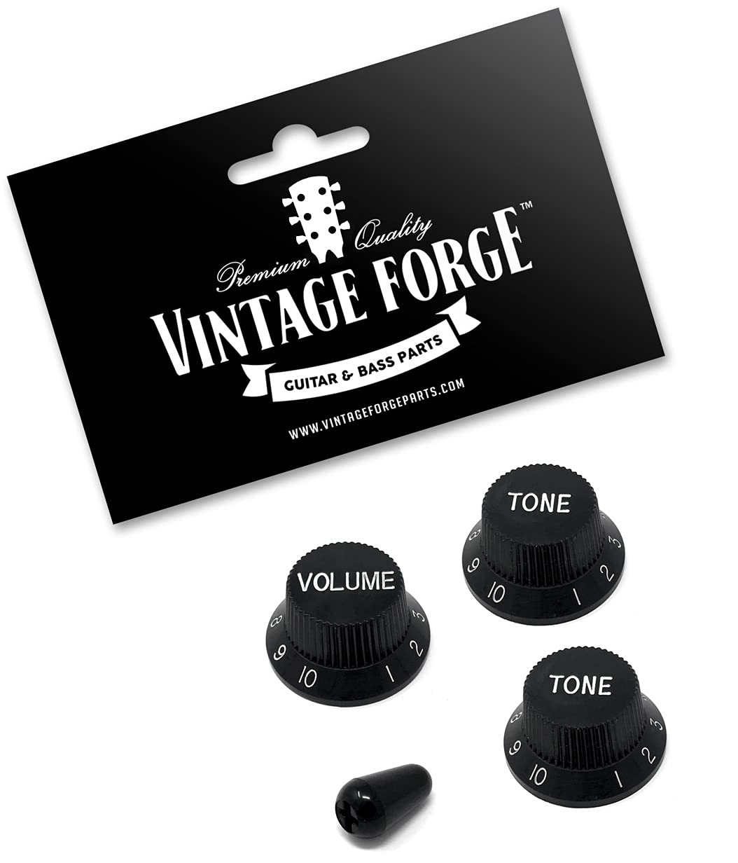 Vintage Forge Black Guitar Control Knobs (1 Volume, 2 Tone, 1 Switch Tip) for Fender Strat Style Electric Guitars Fits USA (Imperial) Split Shaft Pots STKUS-BLK