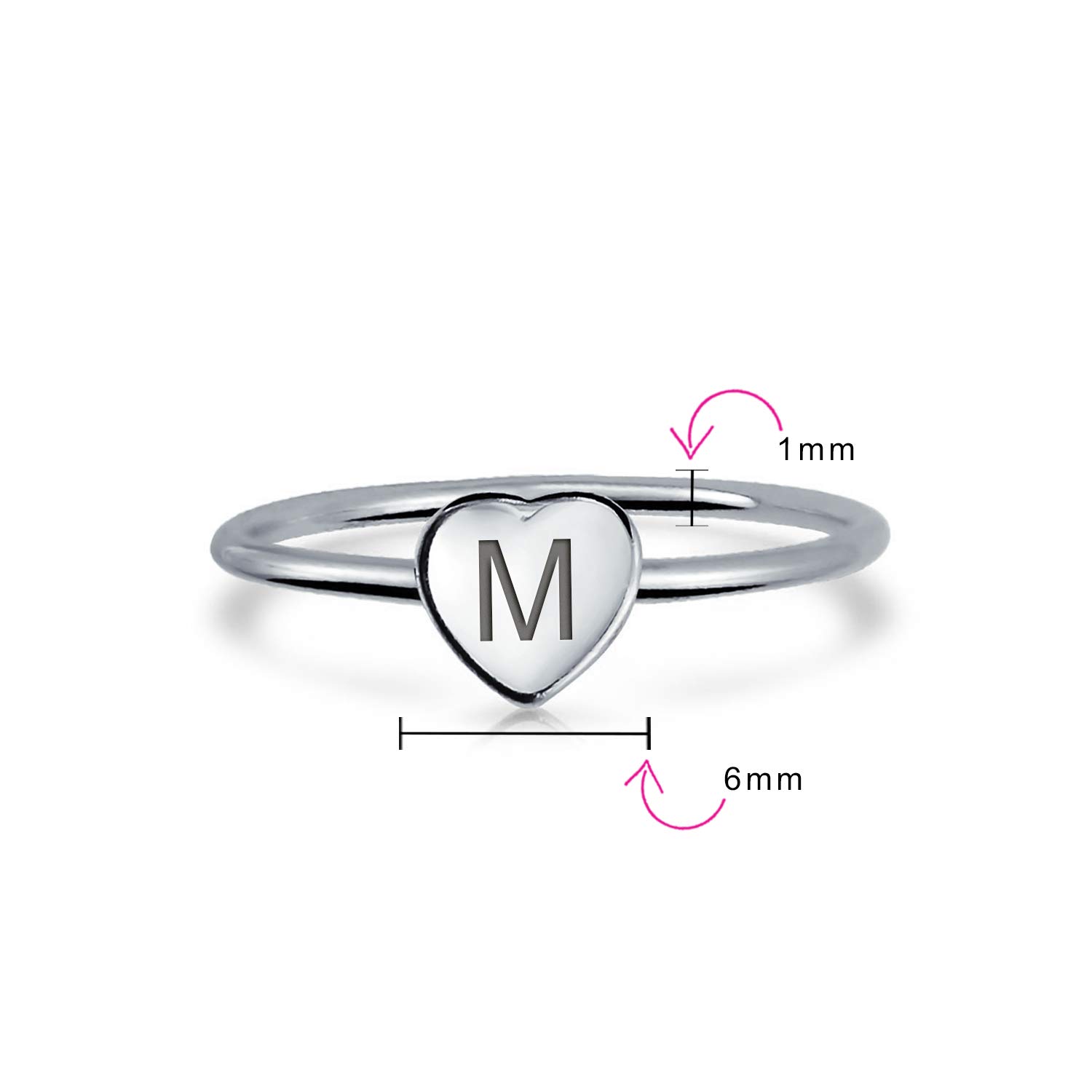 Tiny Minimalist ABC Heart Shape Script Or Block Letter Alphabet M Initial Monogram Signet Ring For Teen For Women .925 Sterling Silver Custom Engraved