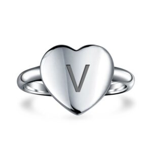 Tiny Minimalist ABC Heart Shape Script Or Block Letter Alphabet M Initial Monogram Signet Ring For Teen For Women .925 Sterling Silver Custom Engraved