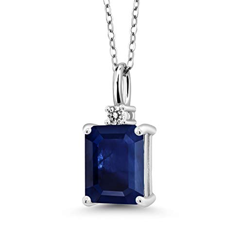 Gem Stone King 925 Sterling Silver Blue Sapphire and White Diamond Pendant Necklace For Women | 2.48 Cttw | Gemstone September Birthstone | Emerald Cut 9X7MM | With 18 Inch Silver Chain