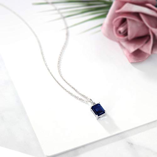 Gem Stone King 925 Sterling Silver Blue Sapphire and White Diamond Pendant Necklace For Women | 2.48 Cttw | Gemstone September Birthstone | Emerald Cut 9X7MM | With 18 Inch Silver Chain