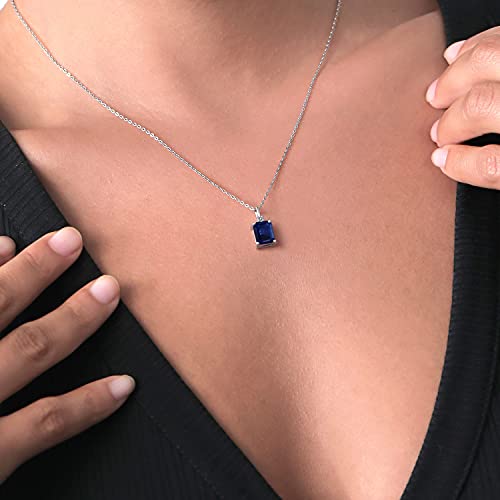 Gem Stone King 925 Sterling Silver Blue Sapphire and White Diamond Pendant Necklace For Women | 2.48 Cttw | Gemstone September Birthstone | Emerald Cut 9X7MM | With 18 Inch Silver Chain