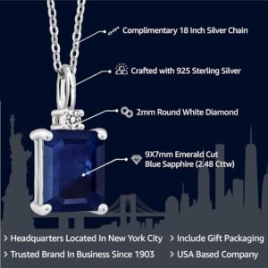 Gem Stone King 925 Sterling Silver Blue Sapphire and White Diamond Pendant Necklace For Women | 2.48 Cttw | Gemstone September Birthstone | Emerald Cut 9X7MM | With 18 Inch Silver Chain