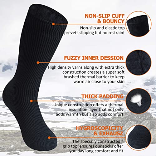 JSPA Thermal Trekking Socks, Men Insulated Extra Warm Crew Socks for Cold Winter,Thick Heavy Comfort Athletic Camping Hiking Riding Socks for Extreme Temperature,2 Pairs Black/Light Grey Medium