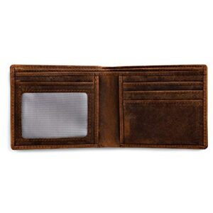 rugged authority brown mens leather bifold wallet with rfid blocking theft protection, 5 card wallet slots & id window. slim minimalist, distressed leather wallets for men.