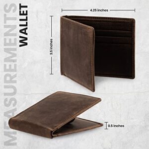 Rugged Authority Brown Mens Leather Bifold Wallet with RFID Blocking Theft Protection, 5 card wallet slots & ID Window. Slim minimalist, distressed leather wallets for men.